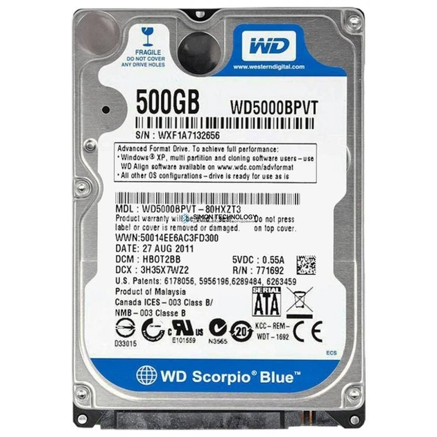Жесткий диск Western Digital 500Gb 5400rpm 8MB (WD5000BPVT) 2.5" SATAII ...