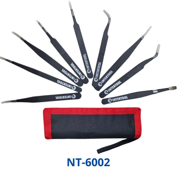 Набір пінцетів радіотехнічних 9 од., антистатичні, в чохлі INTERTOOL NT-6002 650015 – фото ...