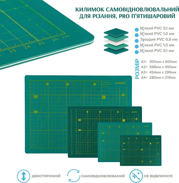 Килимок для різання Axent Pro A2 п'ятишаровий самовідновлювальний сантиметрова і дюймова шкала ...