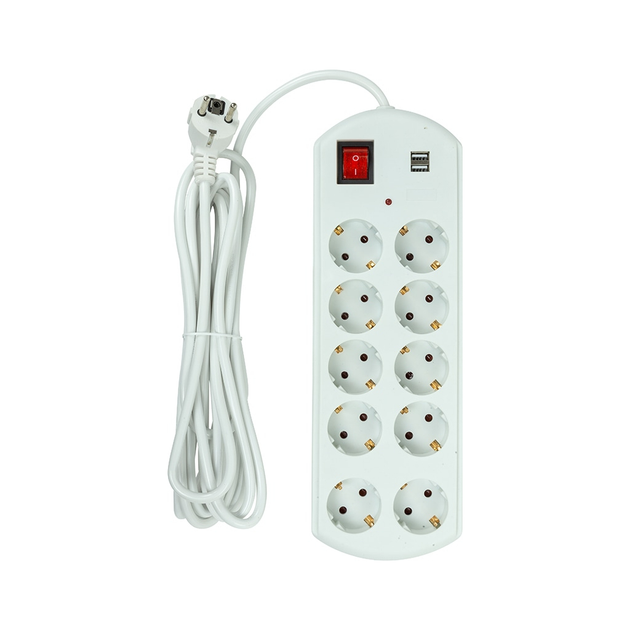 Сетевой фильтр питания PowerPlant 5м, 10 розеток, USB, євро, 100% мідь ...