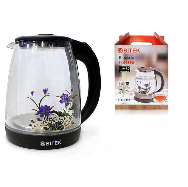 Стеклянный электрический чайник BITEK BT-3111 объемом 1,8 литра и мощностью 2400 Вт с декором в ...
