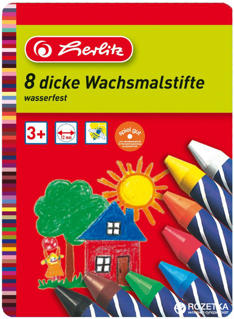 Карандаши восковые Herlitz водостойкие в металлическом пенале 8 цветов ...