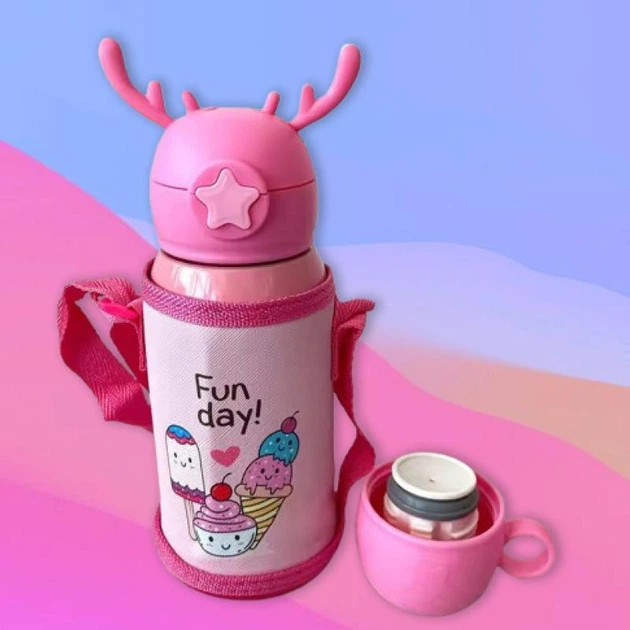 Детский термос из нержавеющей стали поилка с трубочкой рожками и сумкой ...