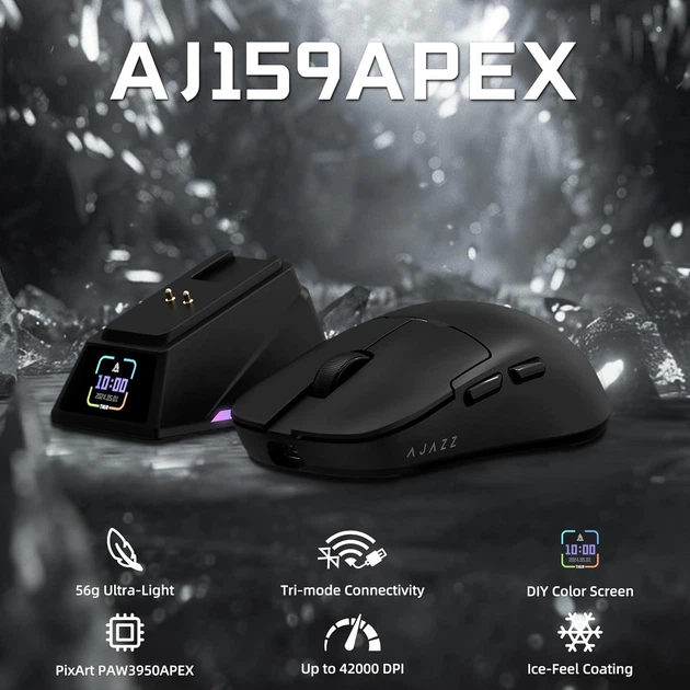 Игровая Мышь AJAZZ AJ159 APEX Black 2.4G/Bluetooth/Кабель Магнитная Зарядная Док-Станция С ...