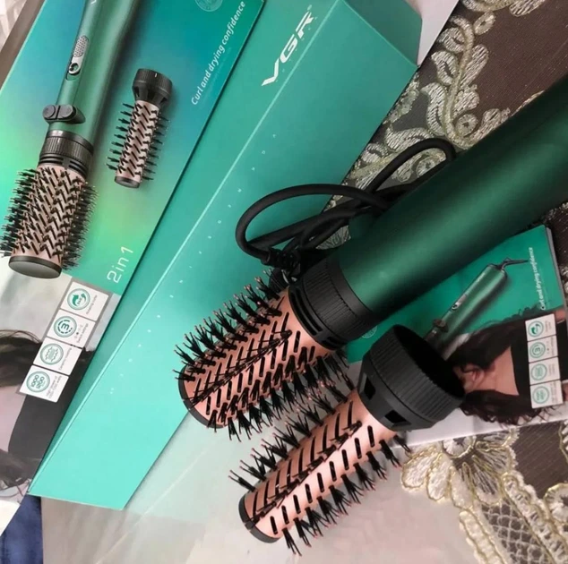 Фен-щітка 2 в 1, що крутиться, для укладання волосся з обертовою насадкою VGR V-498 1200W Green ...