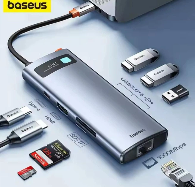 Перехідник Адаптер Хаб Baseus OH102 8 в 1 HDMI 4K 60Hz RJ45 1000Mb ...