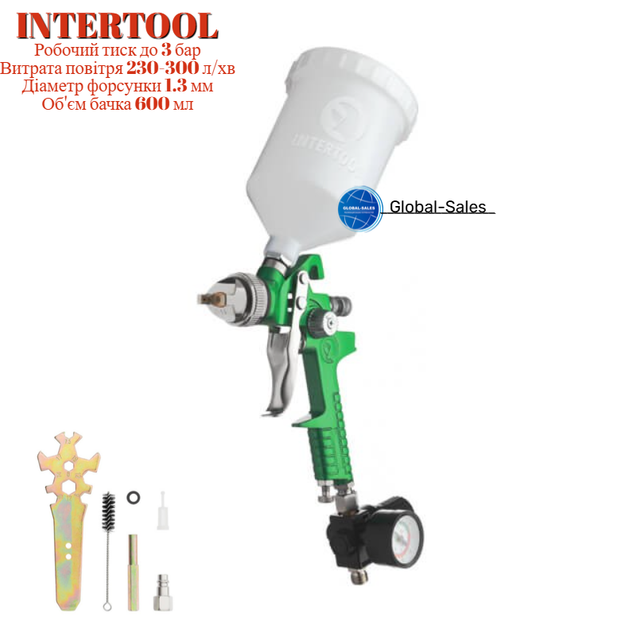 Пневмопістолет HVLP Intertool лакофарбовий верхній бак 600 мл x 1.3 мм з регулятором (PT-0102 ...