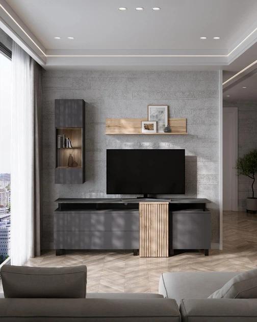 Сучасна стильна компактна сіра стінка у вітальню зал з підвісною вітриною полкою та комодом