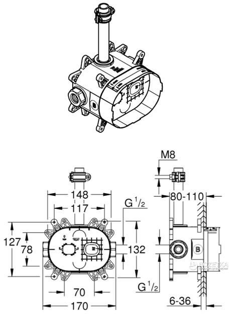 Скрытая часть смесителя GROHE Rainshower 360 для набора верхнего душа ...