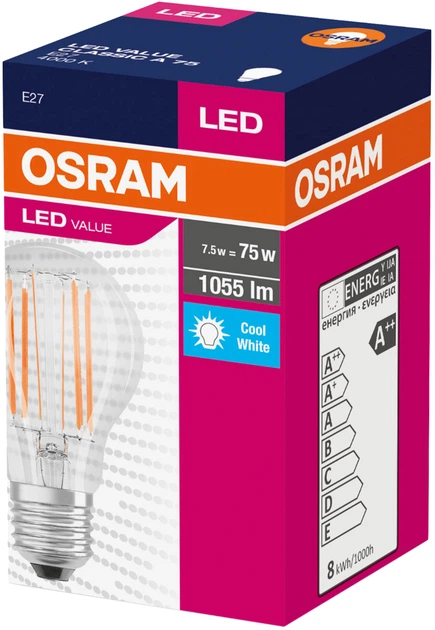 Светодиодная лампа OSRAM LED Value Filament A75 7.5W 1055Lm 4000K E27 (4058075288683) – фото ...