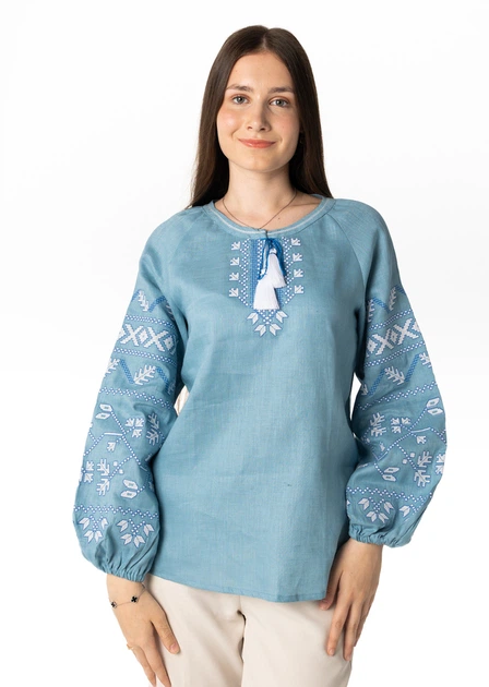 Вишиванка жіноча з лляного полотна із біло-блакитною вишивкою Folk Moda ...