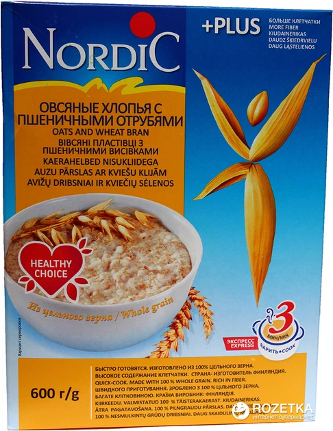 Упаковка хлопьев овсяных NordiC с пшеничными отрубями 600 г х 10 шт ...