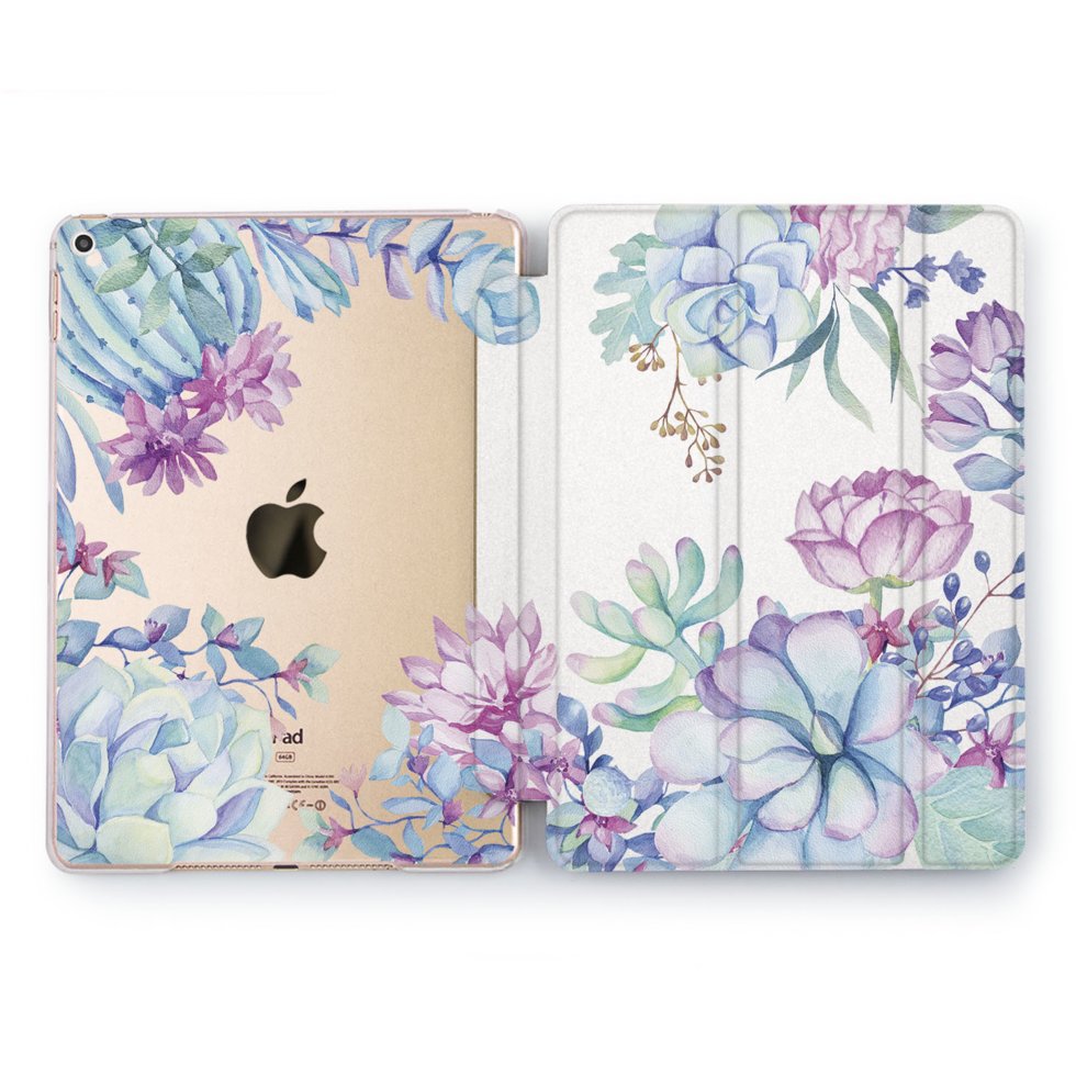 Чехол книжка, обложка для Apple iPad (Голубые суккуленты) модели Air 9. ...