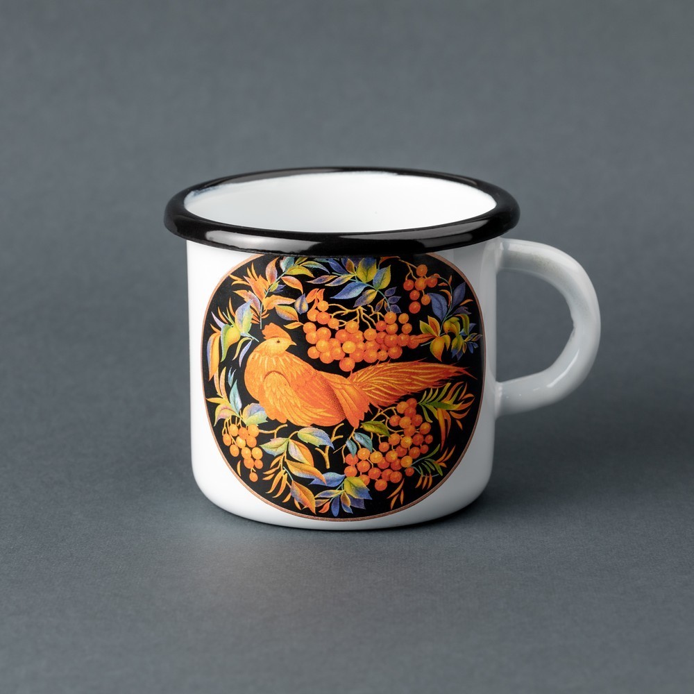 Кружка эмалированная Enamel mug с принтом Петриковская роспись. Курочка ...