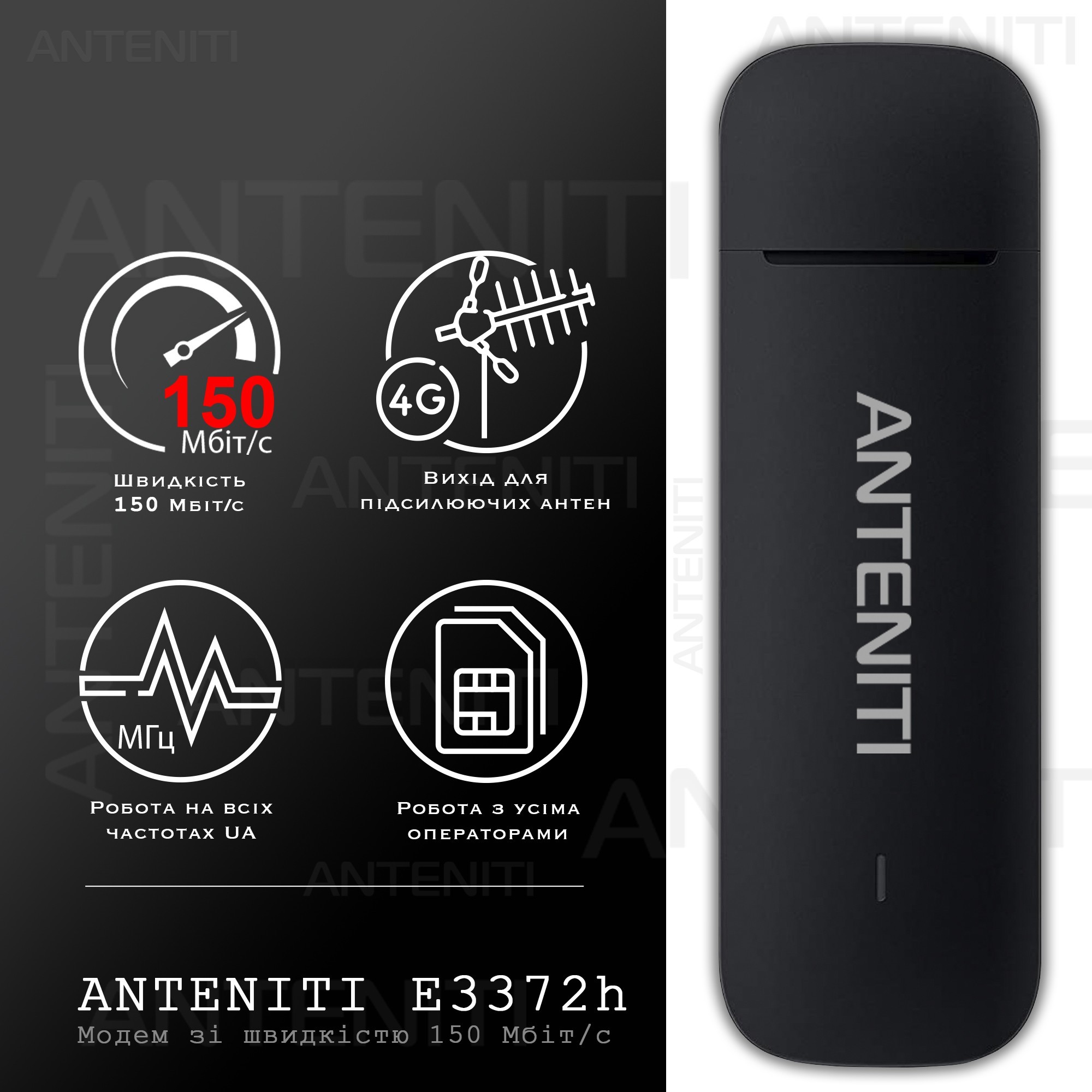 4G USB Модем ANTENITI E3372H-LTE-153 | Швидкість до 150 Мбіт/с (Cat.4) | Два виходи під антену ...