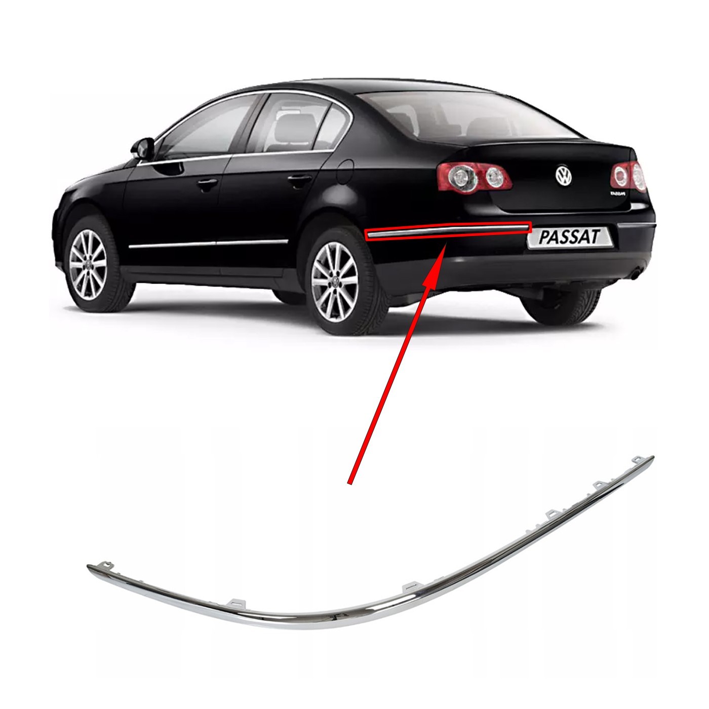 Молдинг хром заднего бампера левый Volkswagen Passat (Фольксваген ...
