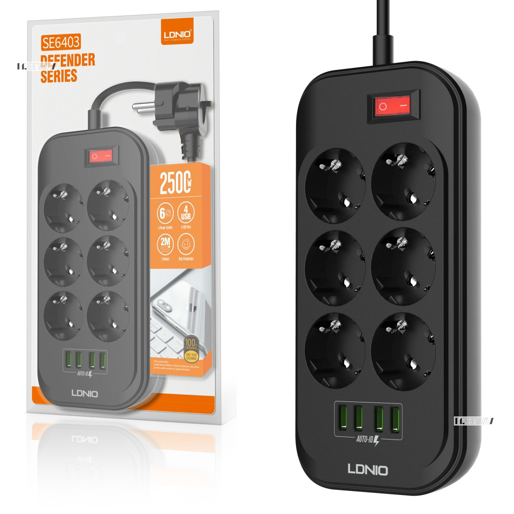 Сетевой фильтр удлинитель электрический 6 розетки с 4 USB LDNIO SE6403 ...