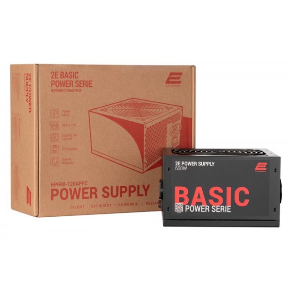 Блок питания 2E BASIC POWER (600W), 80%, 120mm, 1xMB 24pin(20+4), 1xCPU 8pin(4+4), 3xMolex ...