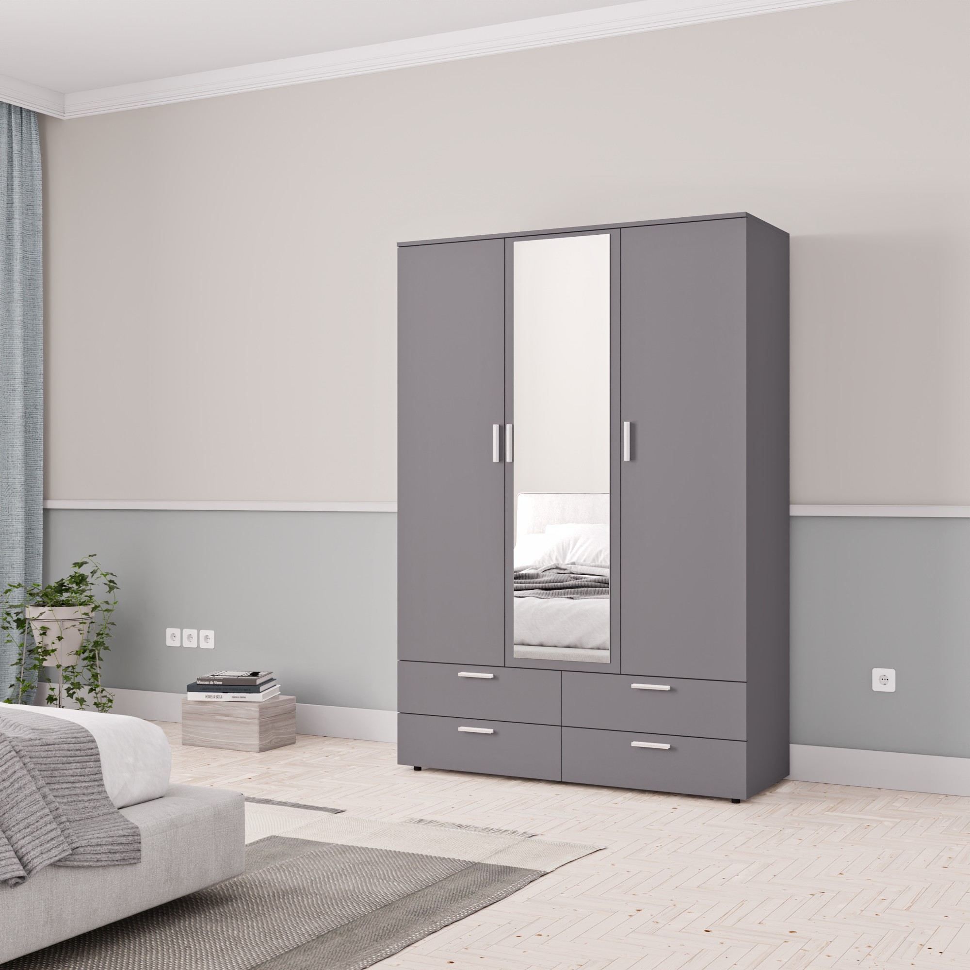 Шафа для одягу з дзеркалом та ящиками Spazio Threedoor Антрацит фото