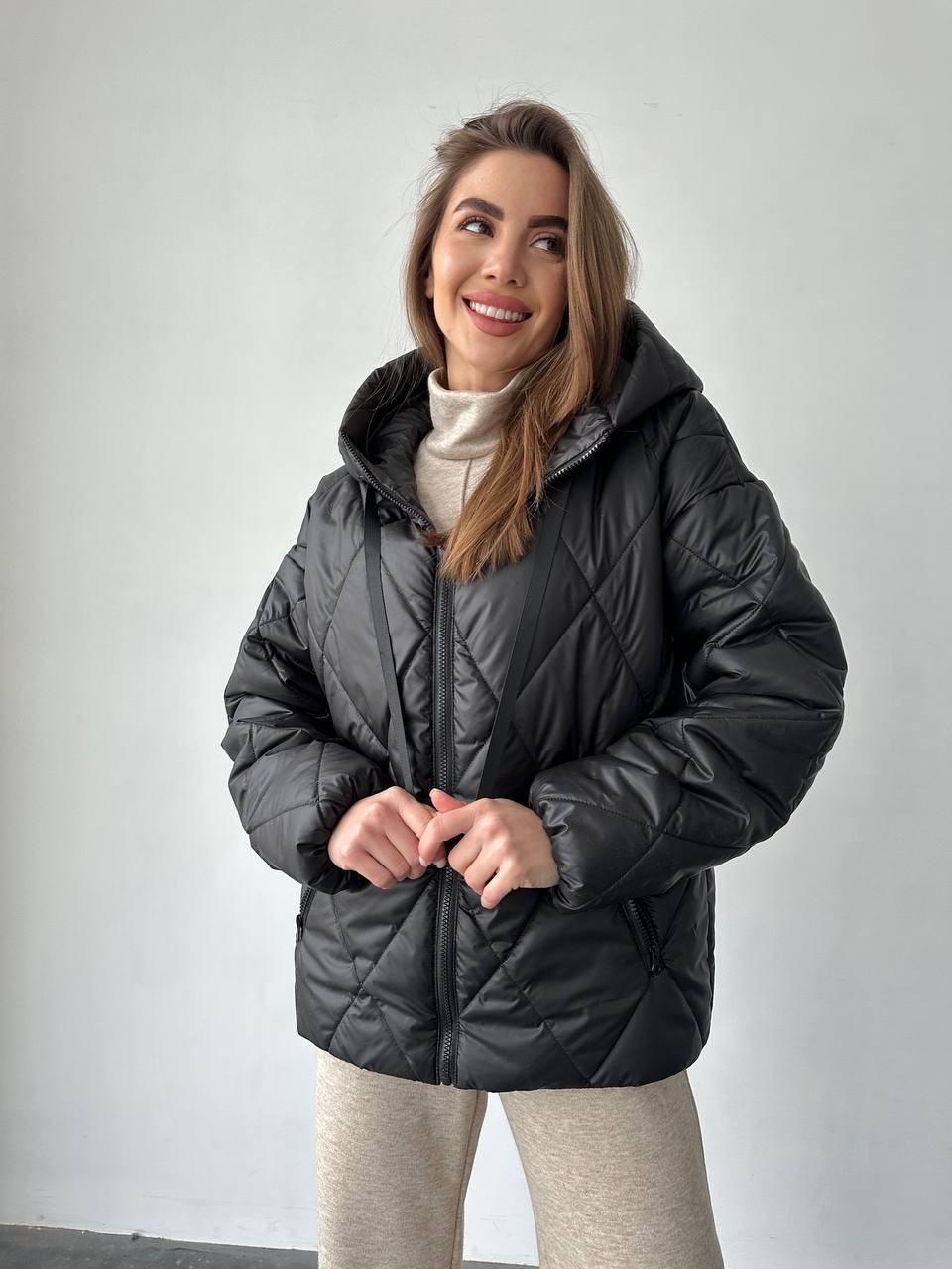 Стеганая женская куртка с капюшоном K&ML oversize ( 42 - 48 ) Черный ...