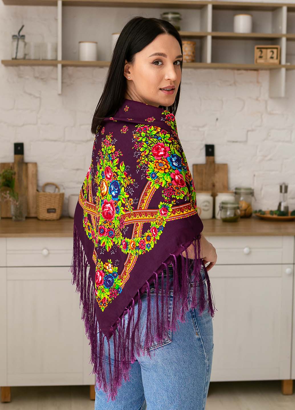 Хустка шерстяна з бахромою 96х96 см Туреччина пурпуровий від продавця Thome в інтернет