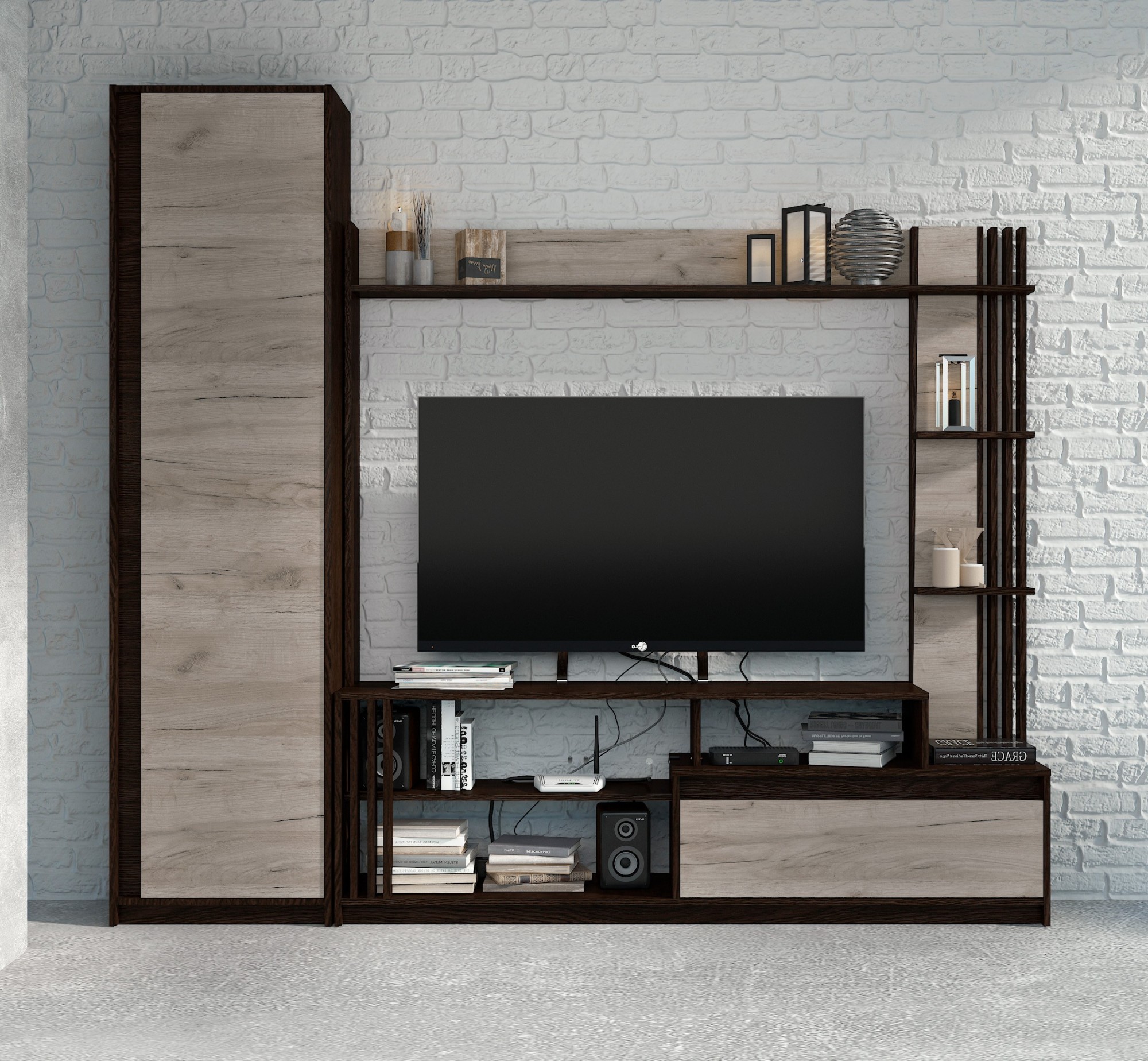 Стінка з шафою у вітальню Майстер Форм Брайт гірка Венге Дуб крафт сірий 222х32 5х200 см