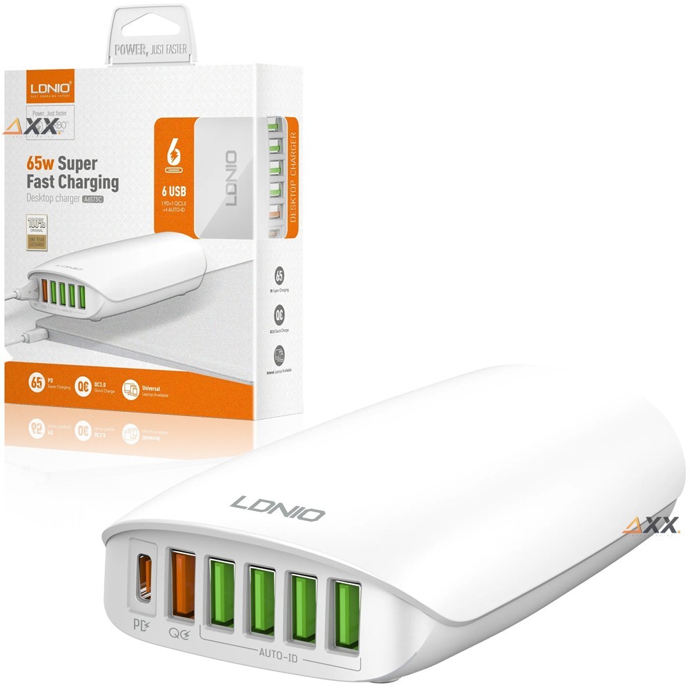 Сетевое зарядное устройство USB-C для телефона 6USB + 1.5м кабель 6USB Ldnio QC3.0 18W + PD 65W ...